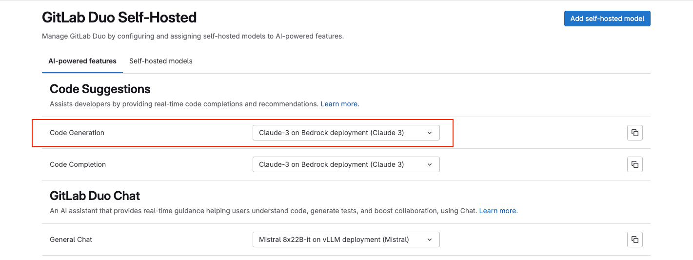 Configure duo features · Gitlab duo self hosted · Administration · Help · GitLab