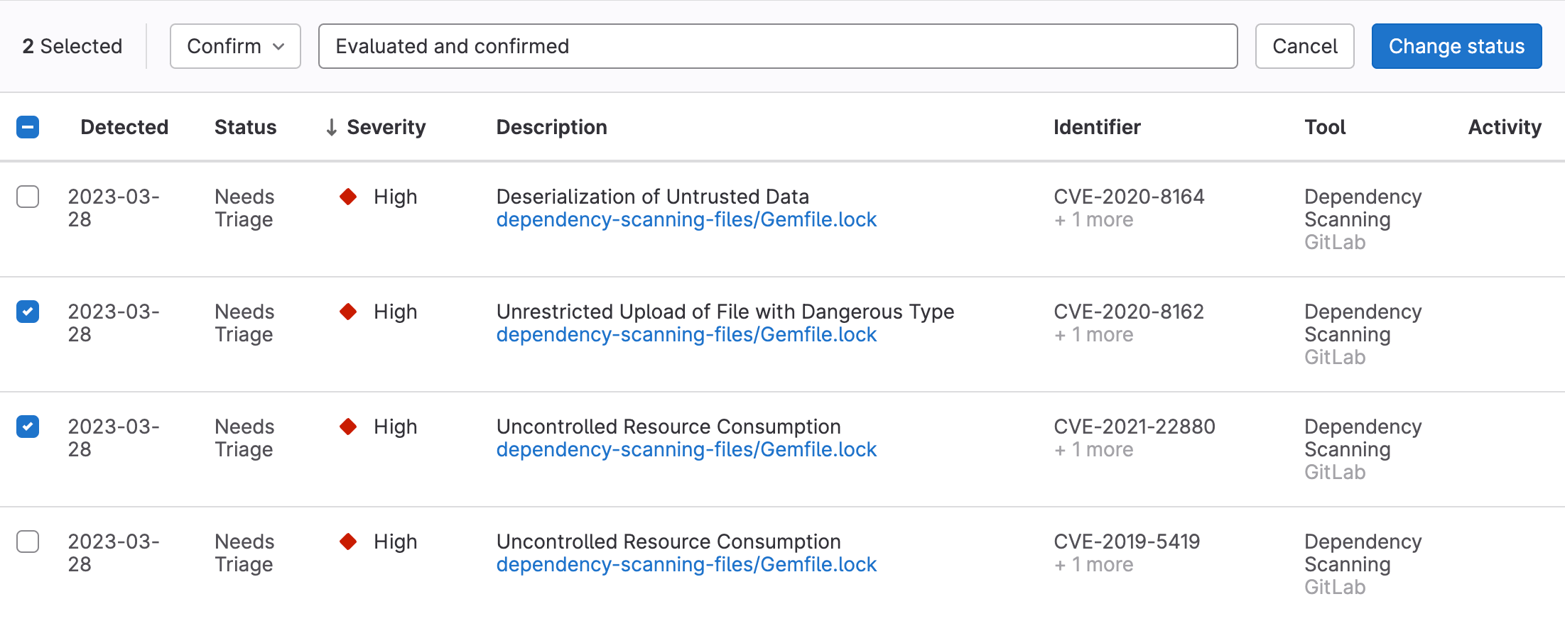Index · Vulnerability Report · Application Security · User · Help · Gitlab 1017